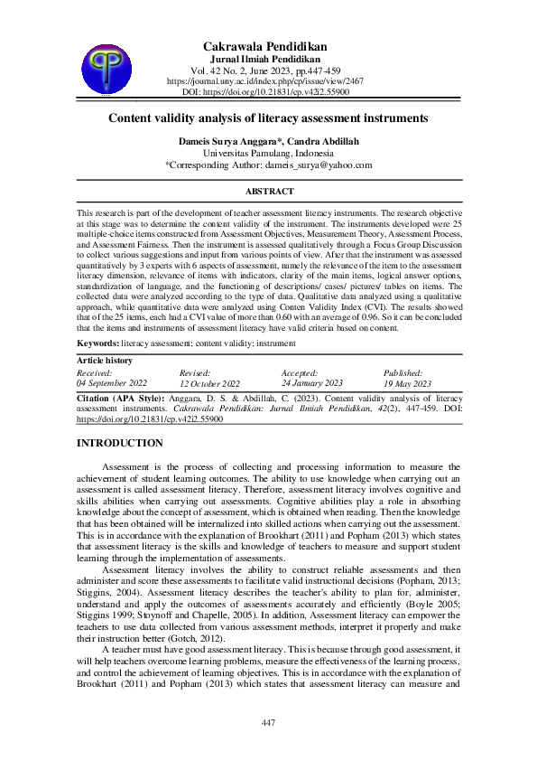(PDF) Content validity analysis of literacy assessment instruments
