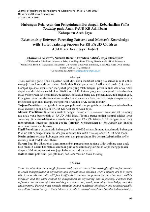 (PDF) Hubungan Pola Asuh dan Pengetahuan Ibu dengan Keberhasilan Toilet Training pada Anak PAUD ...