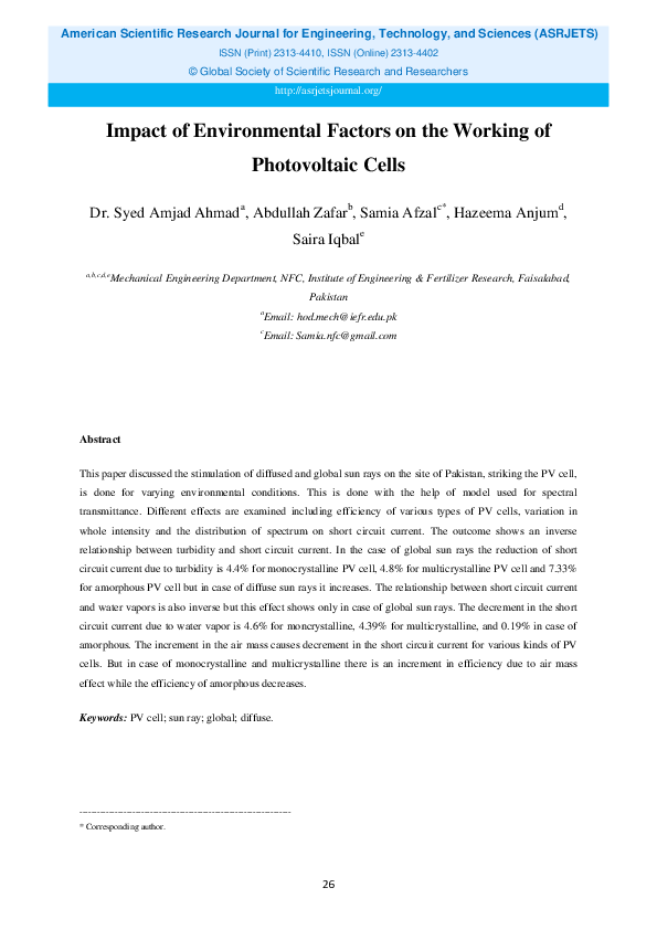 (PDF) Impact of Environmental Factors on the Working of Photovoltaic Cells