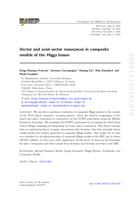 (PDF) Vector and axial-vector resonances in composite models of the ...