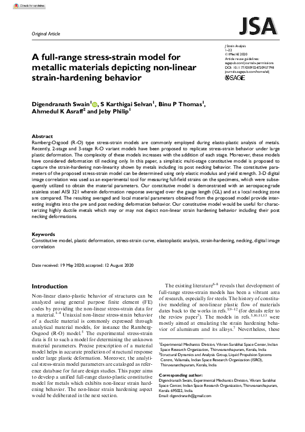 Pdf A Full Range Stress Strain Model For Metallic Materials Depicting Non Linear Strain 