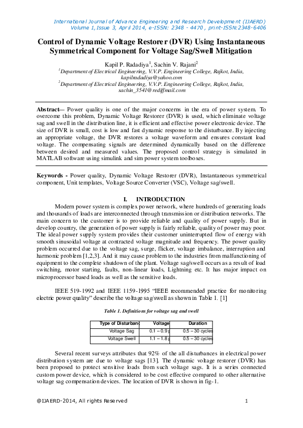 (PDF) Control of Dynamic Voltage Restorer (DVR) Using Instantaneous ...
