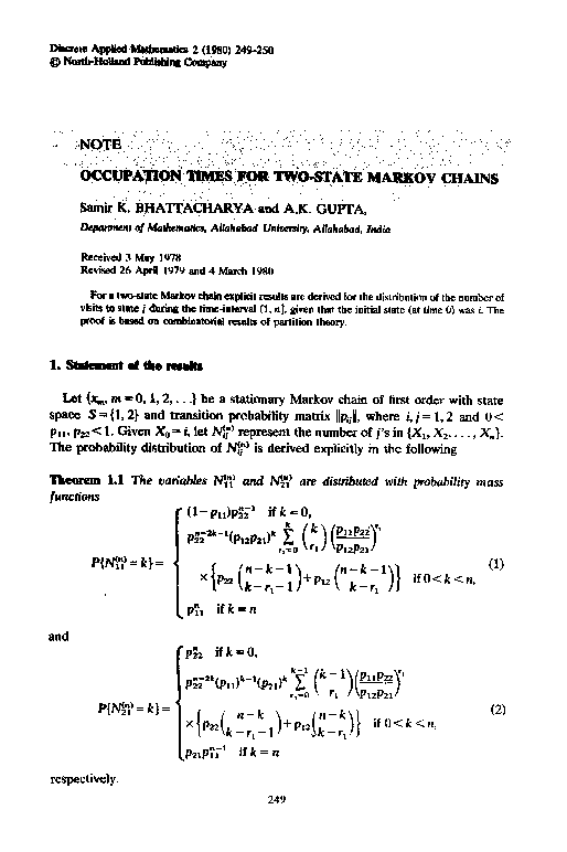 (PDF) Occupation times for two-state Markov chains