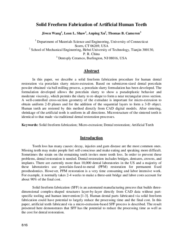 (PDF) Solid Freeform Fabrication of Artificial Human Teeth