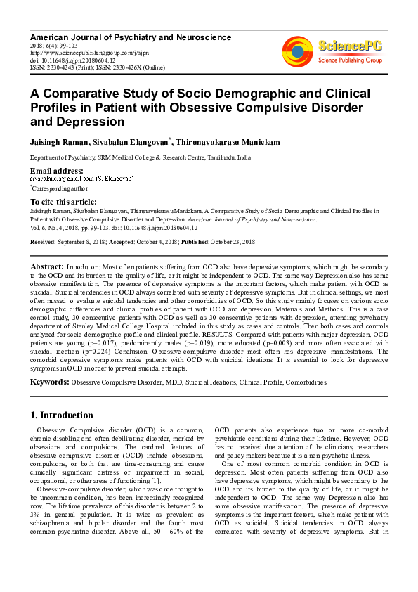 (PDF) A Comparative Study of Socio Demographic and Clinical Profiles in Patient with Obsessive ...