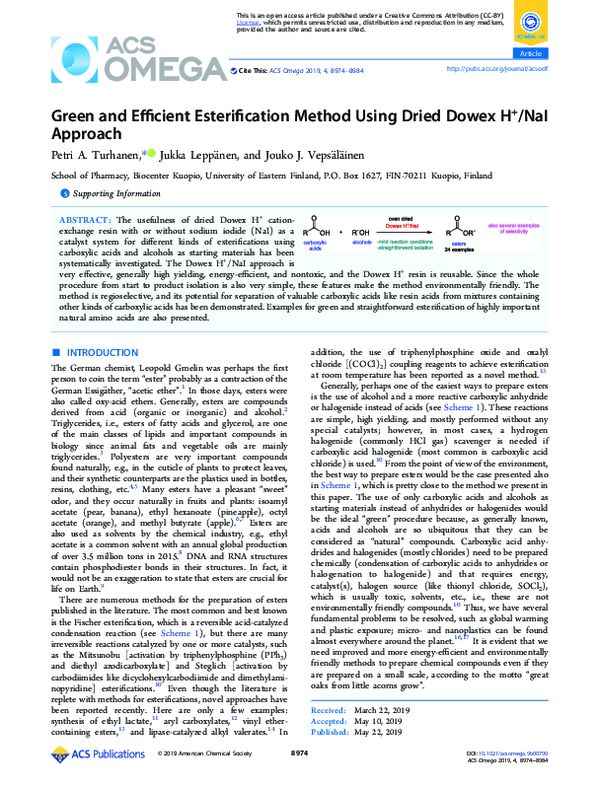 (PDF) Green and Efficient Esterification Method Using Dried Dowex H ...