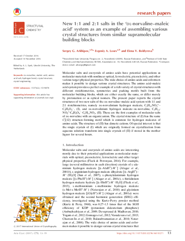 (PDF) New 1:1 and 2:1 salts in the ` DL -norvaline–maleic acid' system ...