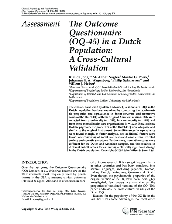 (PDF) The Outcome Questionnaire (OQ-45) in a Dutch population: A cross-cultural validation