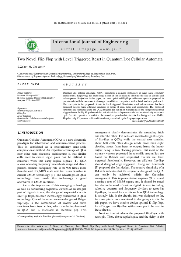 (PDF) Two Novel Flip Flop with Level Triggered Reset in Quantum Dot Cellular Automata