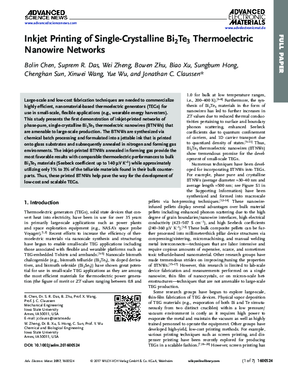 (PDF) Inkjet Printing of Single‐Crystalline Bi2Te3 Thermoelectric Nanowire Networks