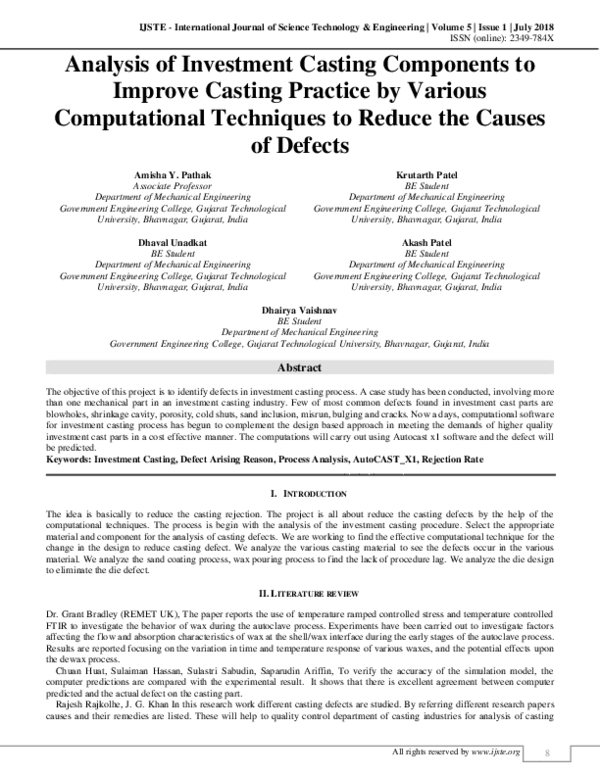 (PDF) Analysis of Investment Casting Components to Improve Casting Practice by Various ...