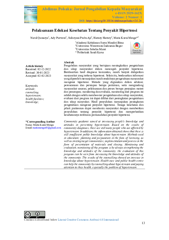 (PDF) Pelaksanaan Edukasi Kesehatan Tentang Penyakit Hipertensi
