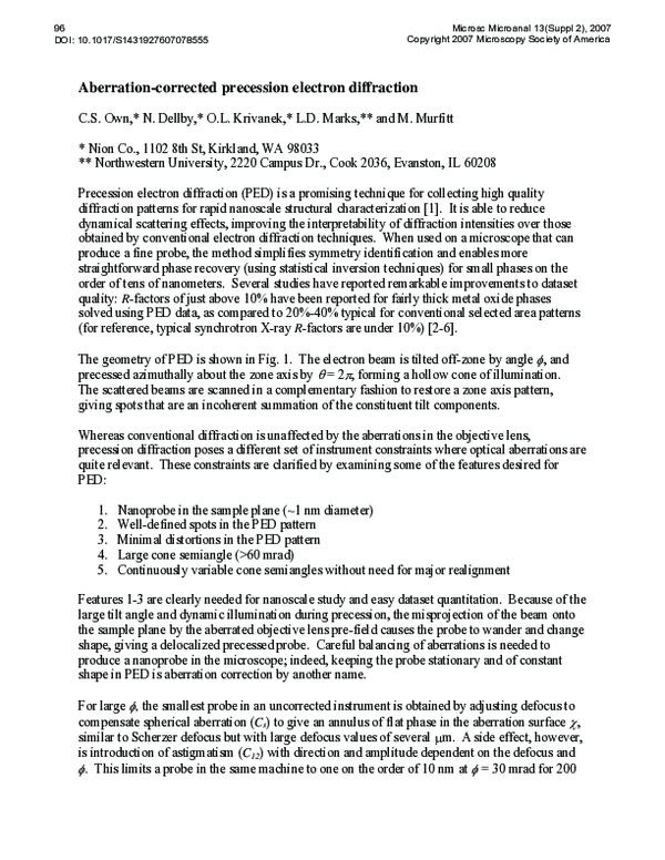 Pdf Aberration Corrected Precession Electron Diffraction