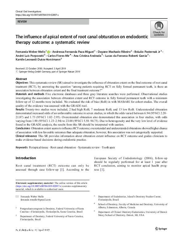 (PDF) The influence of apical extent of root canal obturation on endodontic therapy outcome: a ...