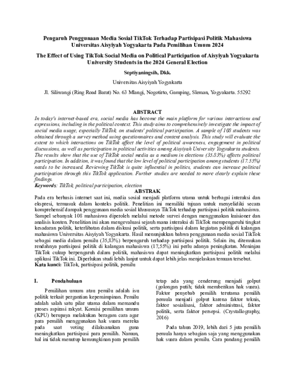 (PDF) Pengaruh penggunaan media sosial tiktok terhadap partisipasi politik mahasiswa di ...