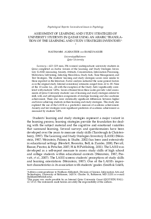 (PDF) Assessment of Learning and Study Strategies of University ...