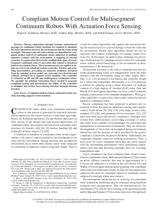 (PDF) Compliant Motion Control for Multisegment Continuum Robots With ...
