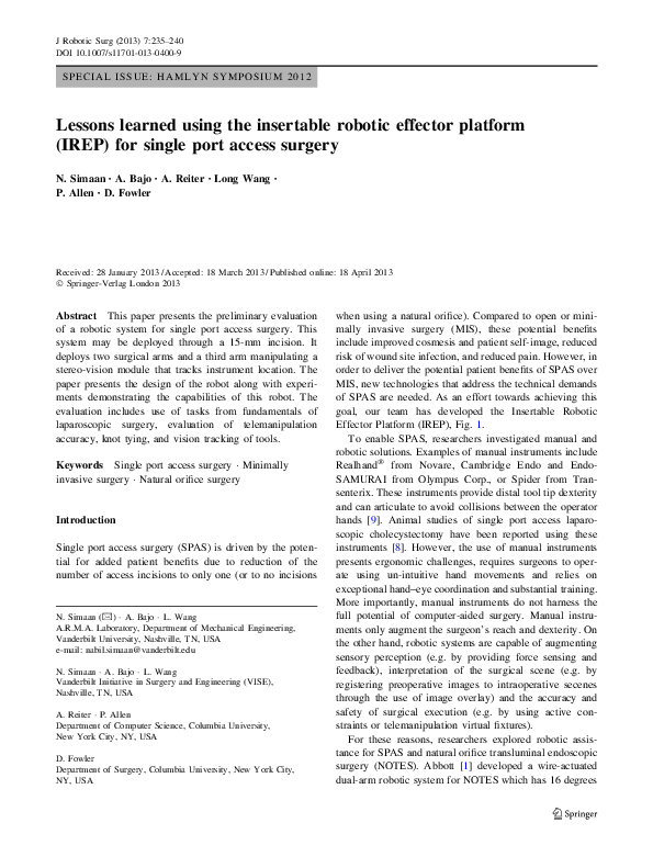 (PDF) Lessons learned using the insertable robotic effector platform ...
