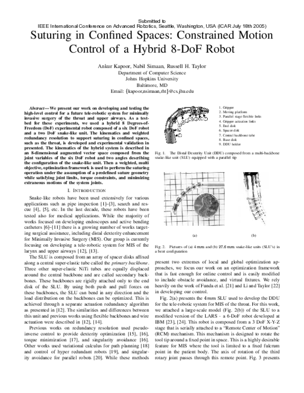 Pdf Suturing In Confined Spaces Constrained Motion Control Of A