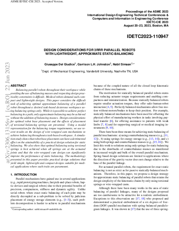 Pdf Optimal Design Of 3rrr Parallel Robots For Static Balancing