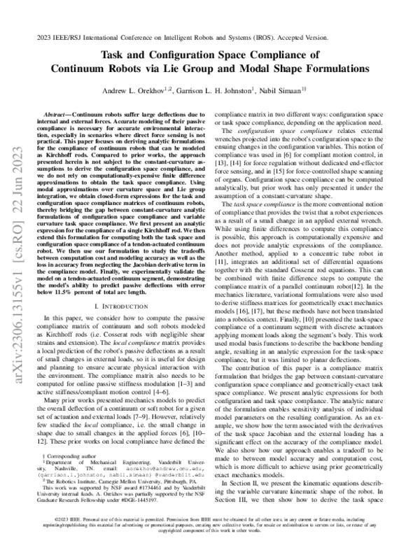 Pdf Task And Configuration Space Compliance Of Continuum Robots Via Lie Group And Modal Shape