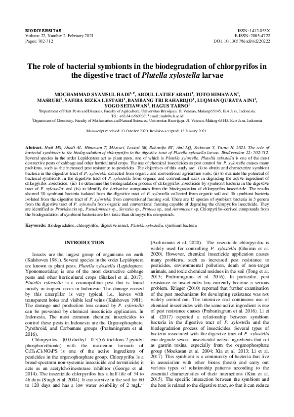 (PDF) The role of bacterial symbionts in the biodegradation of chlorpyrifos in the digestive ...