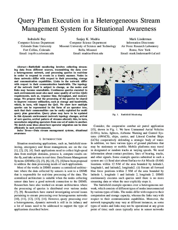 Pdf Query Plan Execution In A Heterogeneous Stream Management System For Situational Awareness