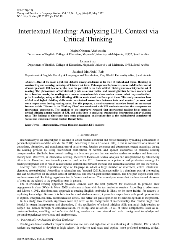 Pdf Intertextual Reading Analyzing Efl Context Via Critical Thinking