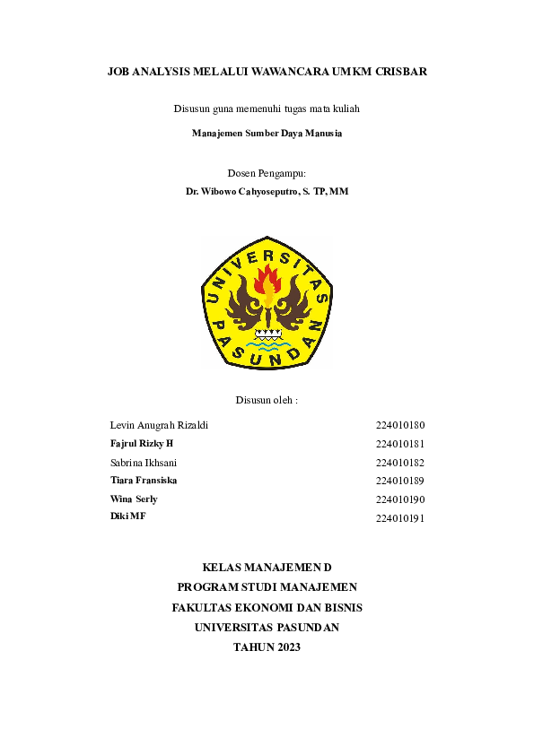 (PDF) JOB ANALYSIS MELALUI WAWANCARA UMKM CRISBAR Disusun guna memenuhi ...