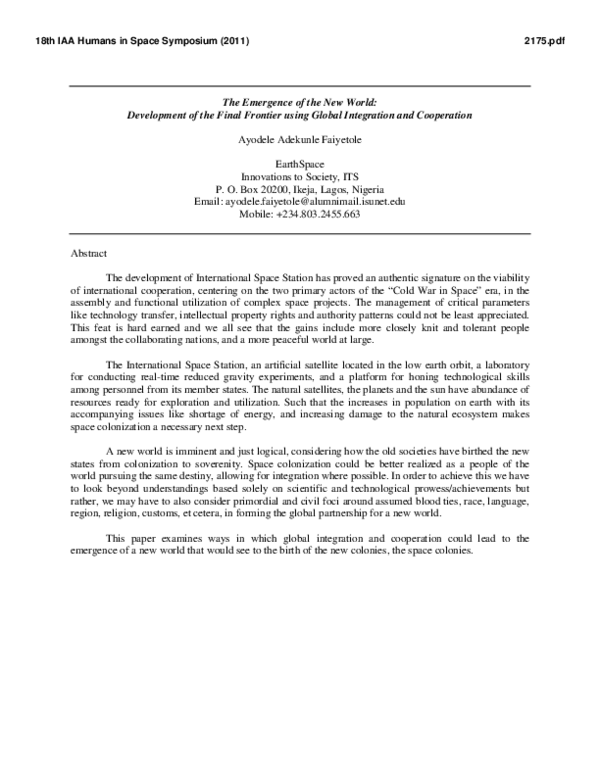 (PDF) The Emergence of the New World: Development of the Final Frontier ...