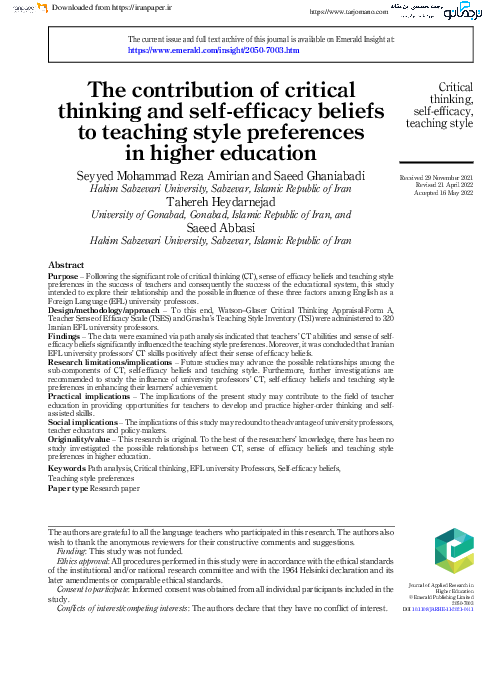 (PDF) The contribution of critical thinking and self-efficacy beliefs to teaching style ...