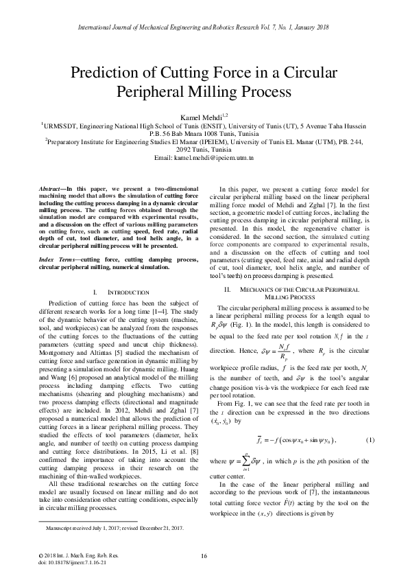 (PDF) Prediction of Cutting Force in a Circular Peripheral Milling Process