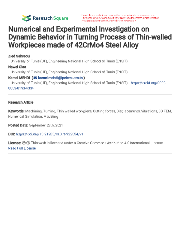 Pdf Numerical And Experimental Investigation On Dynamic Behavior In Turning Process Of Thin