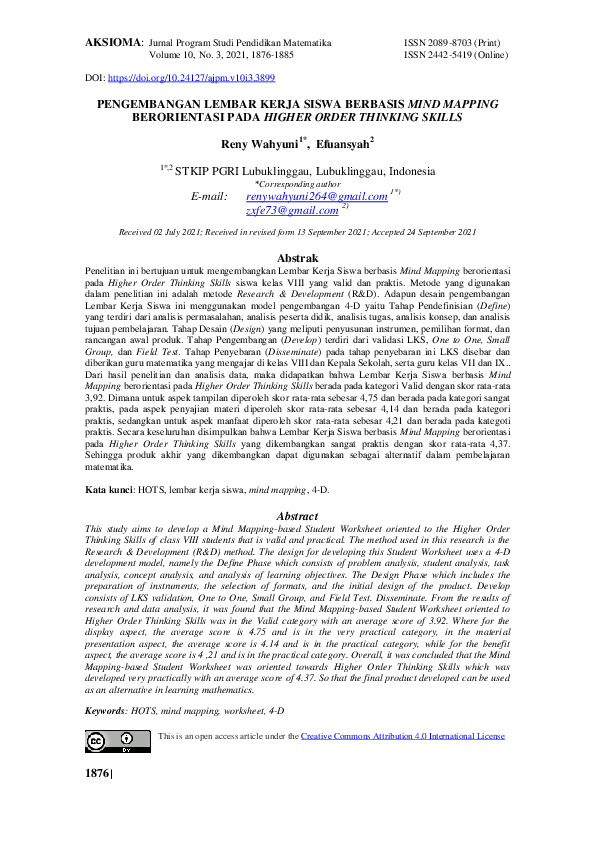 (PDF) Pengembangan Lembar Kerja Siswa Berbasis Mind Mapping Berorientasi Pada Higher Order ...