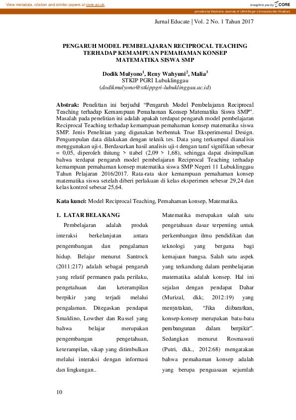 (PDF) Pengaruh Model Pembelajaran Reciprocal Teaching Terhadap Kemampuan Pemahaman Konsep ...