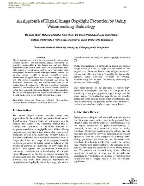 (PDF) An Approach of Digital Image Copyright Protection by Using Watermarking Technology | Md ...