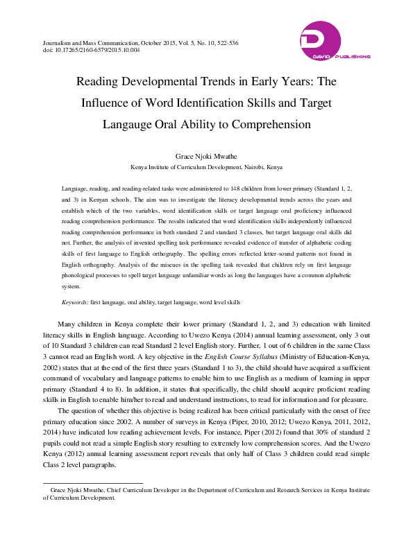 (PDF) Reading Developmental Trends in Early Years: The Influence of ...