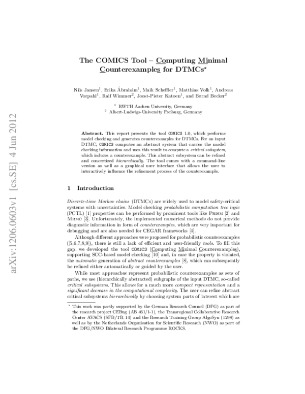 Pdf The Comics Tool Computing Minimal Counterexamples For Discrete Time Markov Chains