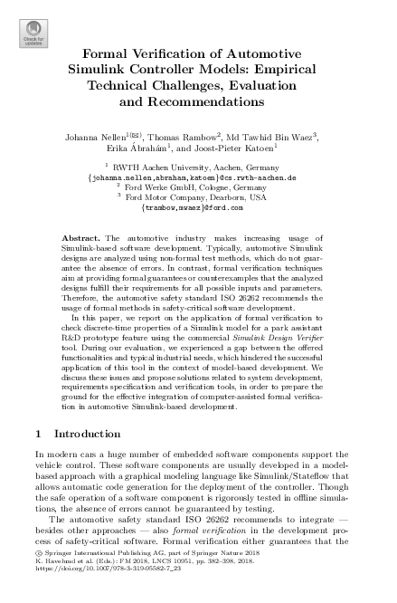Pdf Formal Verification Of Automotive Simulink Controller Models Empirical Technical