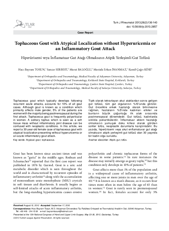 (PDF) Tophaceous Gout with Atypical Localization without Hyperuricemia ...