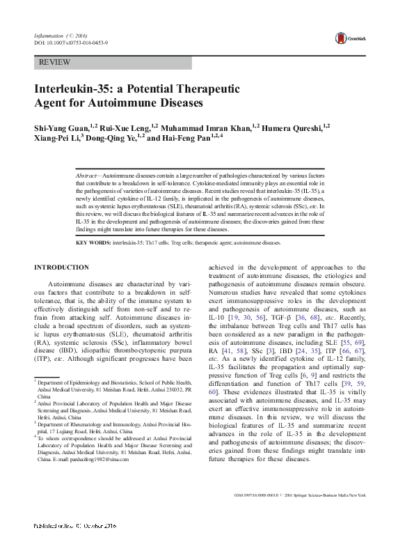 (PDF) Interleukin-35: a Potential Therapeutic Agent for Autoimmune Diseases