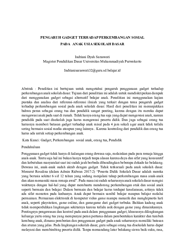 (PDF) PENGARUH GADGET TERHADAP PERKEMBANGAN SOSIAL PADA ANAK USIA SEKOLAH DASAR
