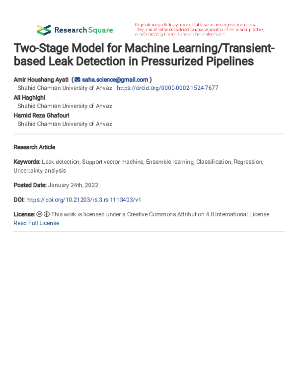 Pdf Two Stage Model For Machine Learningtransient Based Leak Detection In Pressurized Pipelines