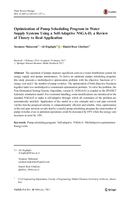 Pdf Optimization Of Pump Scheduling Program In Water Supply Systems Using A Self Adaptive Nsga