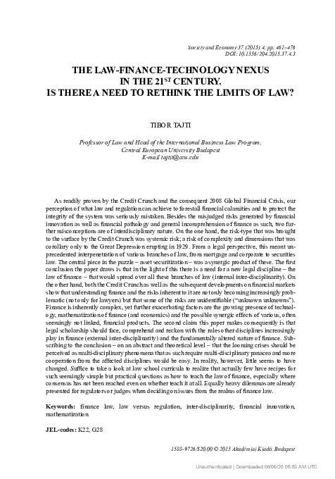(PDF) The Law-Finance-Technology Nexus in the 21st Century. Is There a Need to Rethink the ...