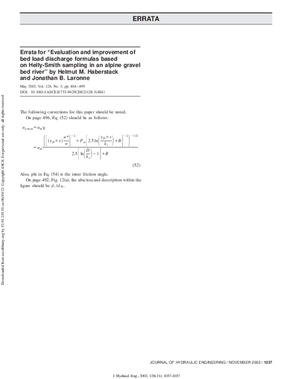 (PDF) Errata for “Evaluation and improvement of bed load discharge formulas based on Helly-Smith ...