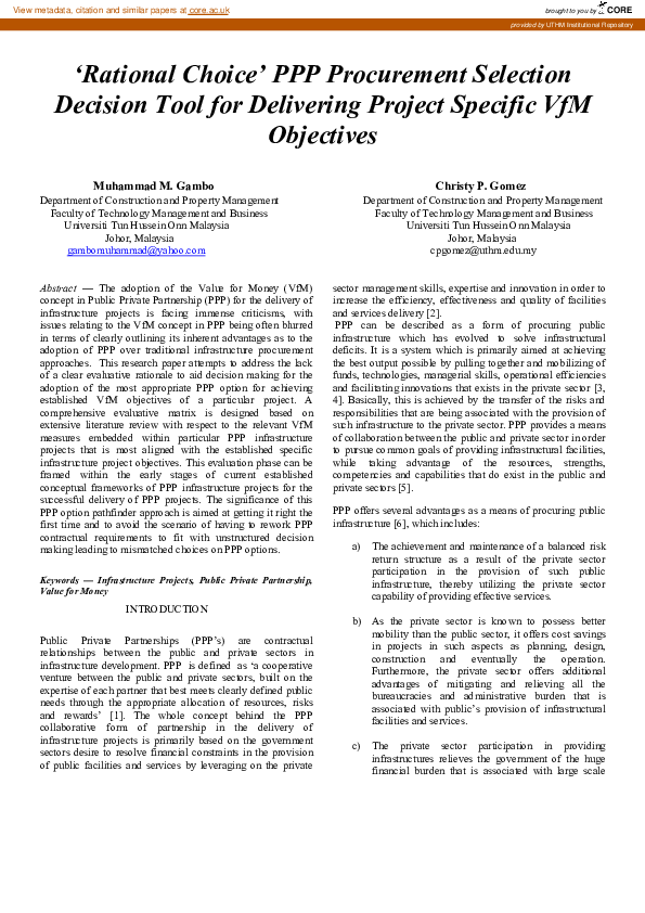 (PDF) ‘Rational Choice’ PPP procurement selection decision tool for ...
