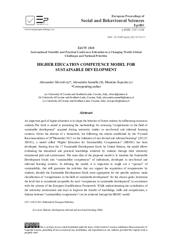 (PDF) Higher Education Competence Model For Sustainable Development