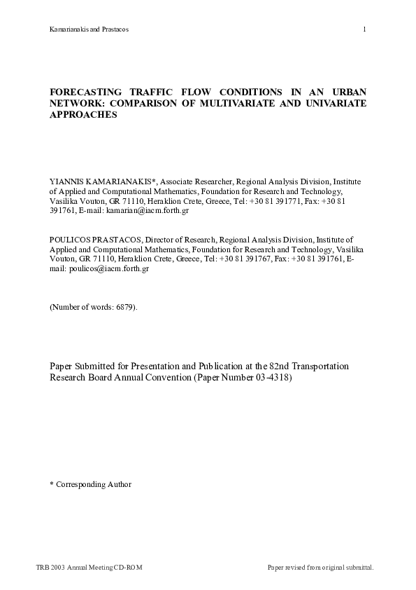 (PDF) Forecasting Traffic Flow Conditions in an Urban Network: Comparison of Multivariate and ...