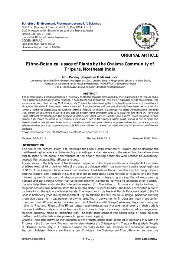 (PDF) Ethno-Botanical usage of Plants by the Chakma Community of Tripura, Northeast India